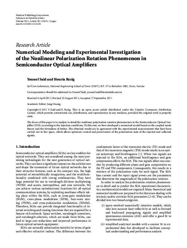 (PDF) Numerical Modeling and Experimental Investigation of the Nonlinear Polarization Rotation ...