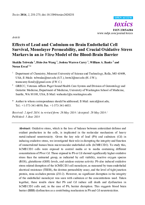 (PDF) Effects of Lead and Cadmium on Brain Endothelial Cell Survival ...