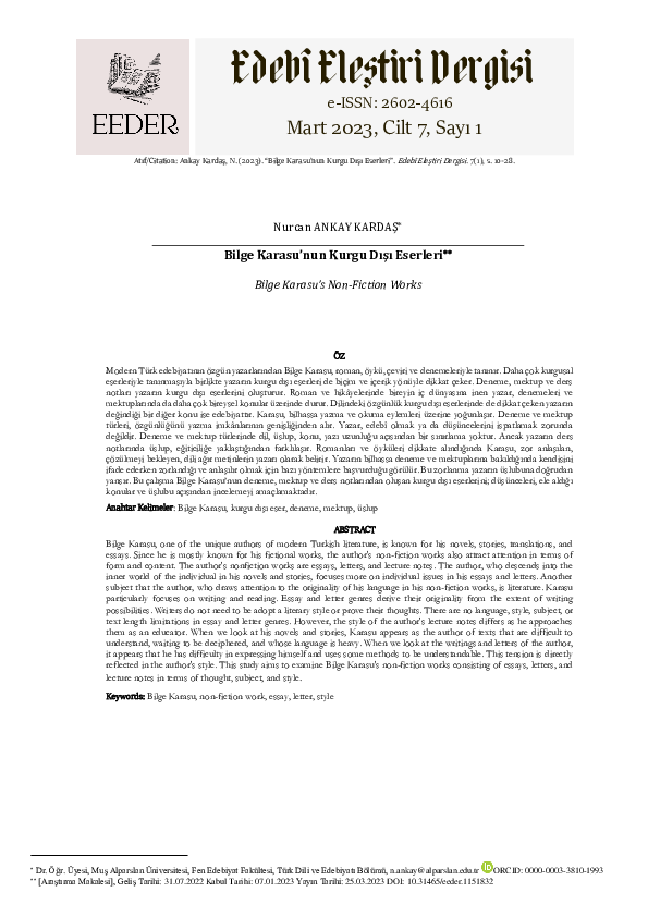 (PDF) Bilge Karasu’nun Kurgu Dışı Eserleri