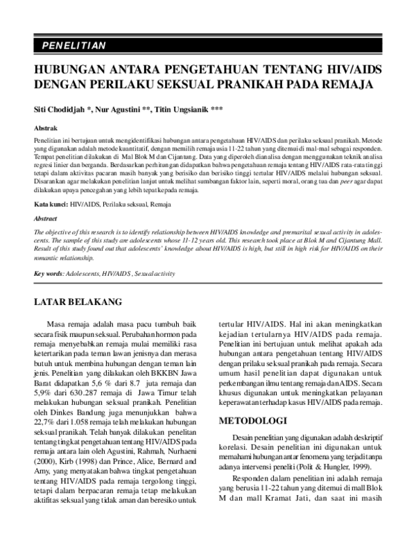 (PDF) Hubungan Antara Pengetahuan Tentang Hiv/Aids Dengan Perilaku Seksual Pranikah Pada Remaja