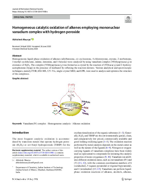 (PDF) Homogeneous catalytic oxidation of alkenes employing mononuclear ...