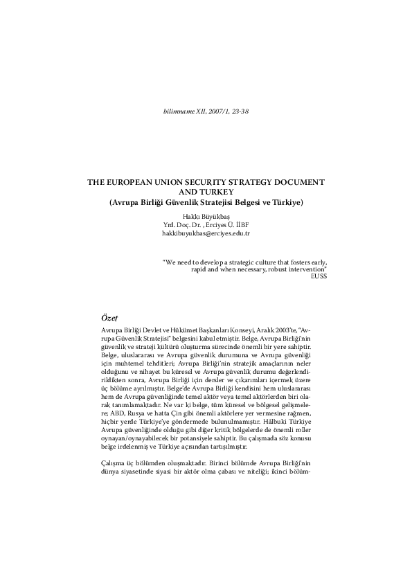 (PDF) The European Union Security Strategy Document And Turkey