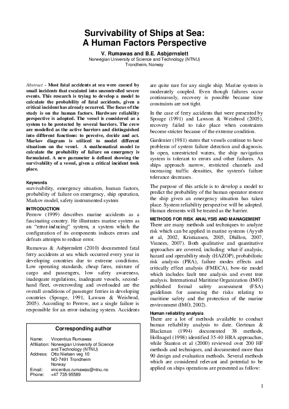 (PDF) Survivability of Ships at Sea: A Human Factors Perspective