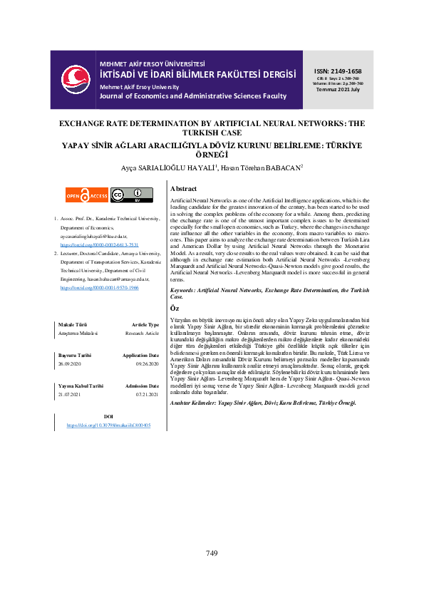 (PDF) Exchange Rate Determination by Artificial Neural Networks: Turkish Case