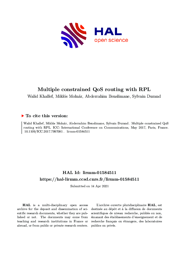 Pdf Multiple Constrained Qos Routing With Rpl