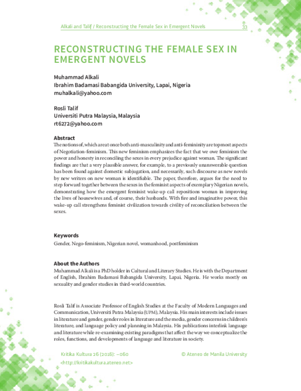 Pdf Reconstructing The Female Sex In Emergent Novels