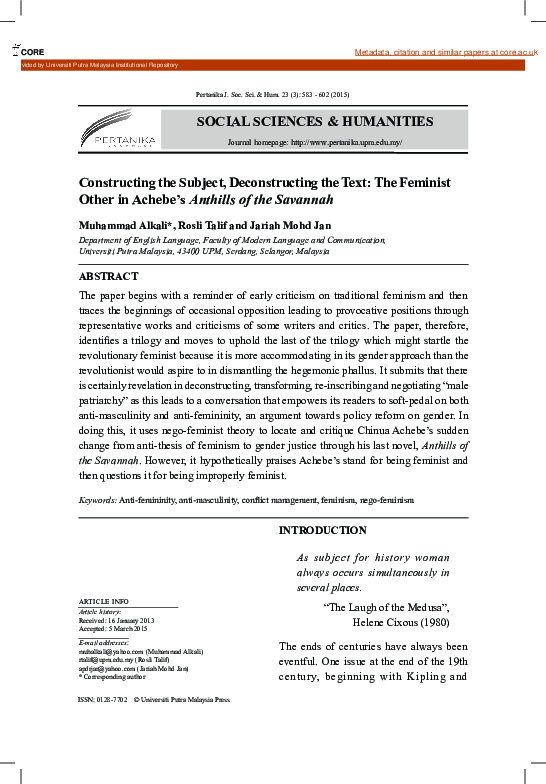 (PDF) Constructing the Subject, Deconstructing the Text: The Feminist Other in Achebe's Anthills ...