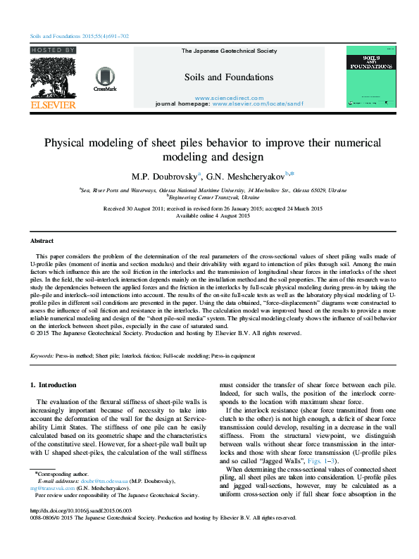 Pdf Physical Modeling Of Sheet Piles Behavior To Improve Their Numerical Modeling And Design