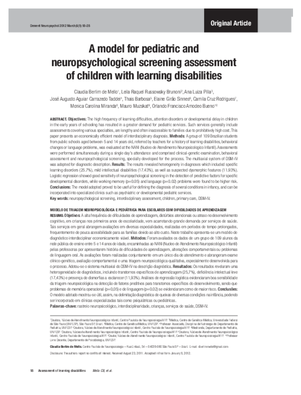 (PDF) A model for pediatric and neuropsychological screening assessment ...