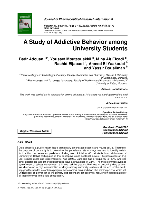 (PDF) A Study of Addictive Behavior among University Students