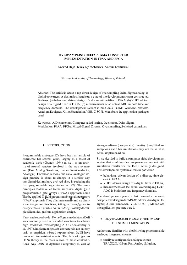 (PDF) B17: Oversampling Delta-Sigma converter implementation in FPAA and FPGA