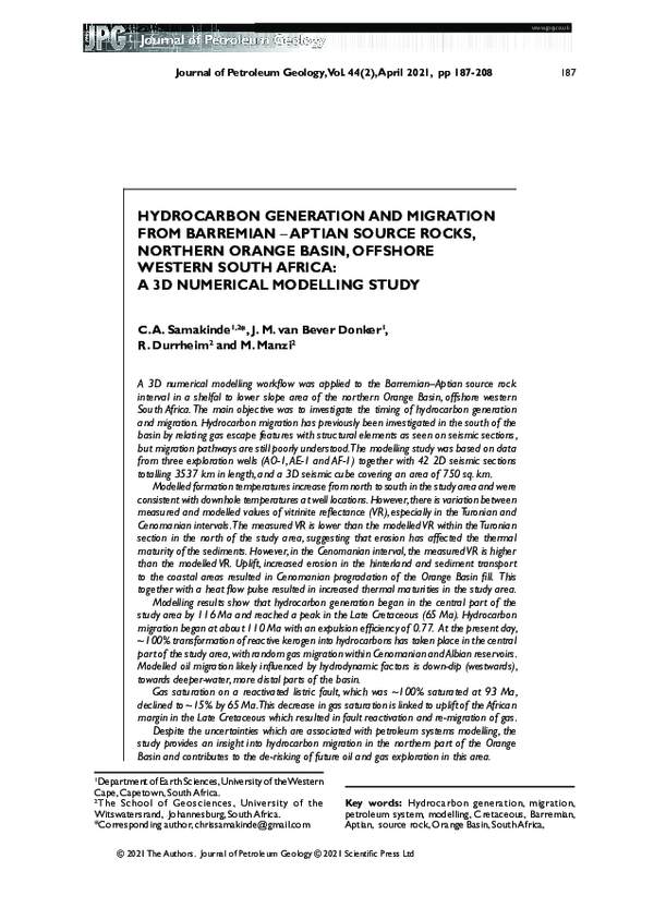 (PDF) Hydrocarbon Generation and Migration from Barremian – Aptian Source Rocks, Northern Orange ...