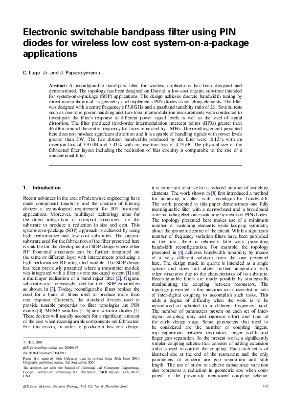 (PDF) Electronic switchable bandpass filter using PIN diodes for wireless low cost system-on-a ...