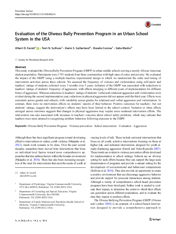 (PDF) Evaluation of the Olweus Bully Prevention Program in an Urban ...