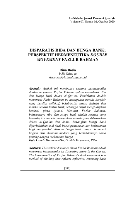 (PDF) Disparatis Riba Dan Bunga Bank; Perspektif Hermeneutika Double Movement Fazlur Rahman