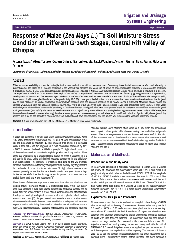(PDF) Response of Maize (Zea Mays L.) To Soil Moisture Stress Condition at Different Growth ...