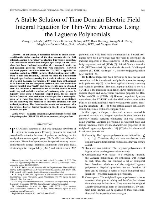 (PDF) A stable solution of time domain electric field Integral equation for thin-wire antennas ...