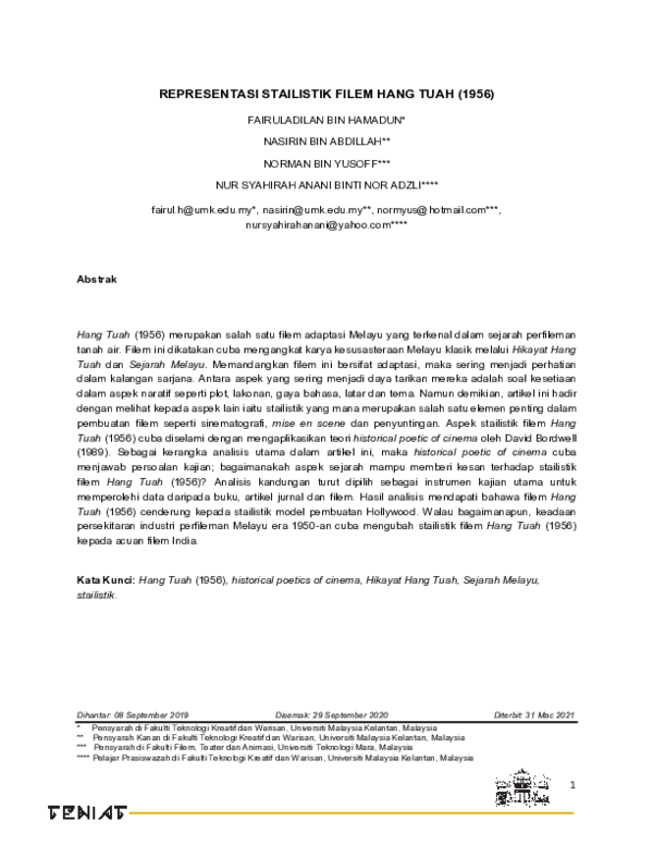 (PDF) Representasi Stailistik Filem Hang Tuah (1956)
