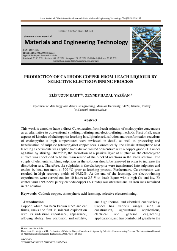 (PDF) Production of Cathode Copper from Leach Liquour by Selective ...