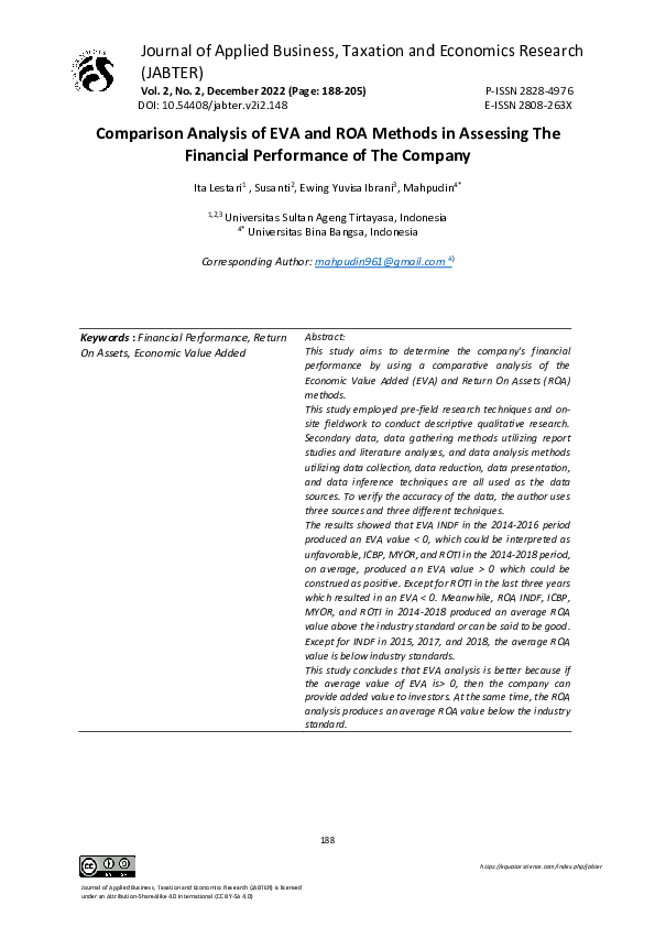 (PDF) Comparison Analysis of EVA and ROA Methods in Assessing The Financial Performance of The ...
