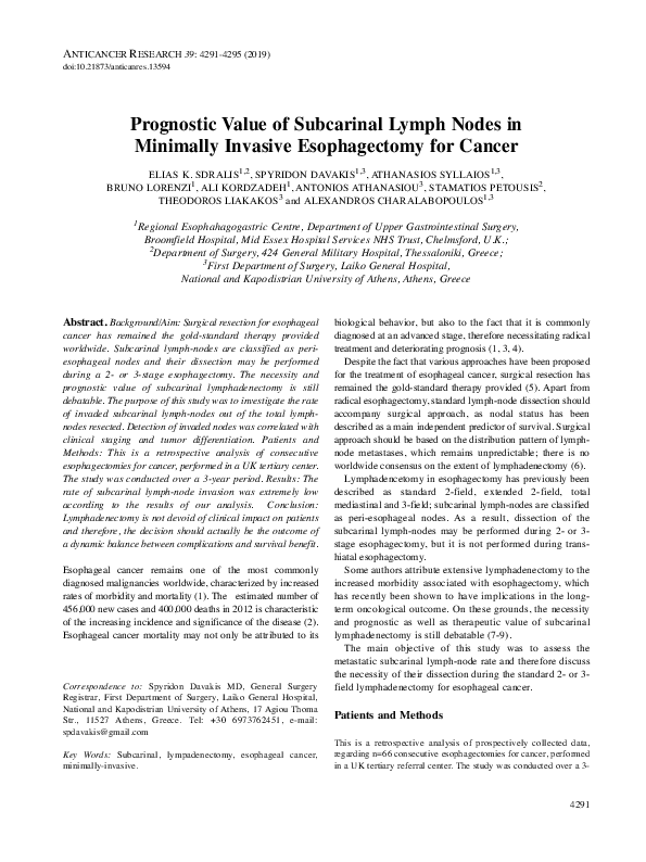 (PDF) Prognostic Value of Subcarinal Lymph Nodes in Minimally Invasive Esophagectomy for Cancer ...