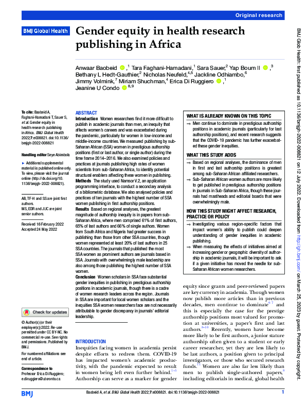 (PDF) Gender equity in health research publishing in Africa | Erica Di ...