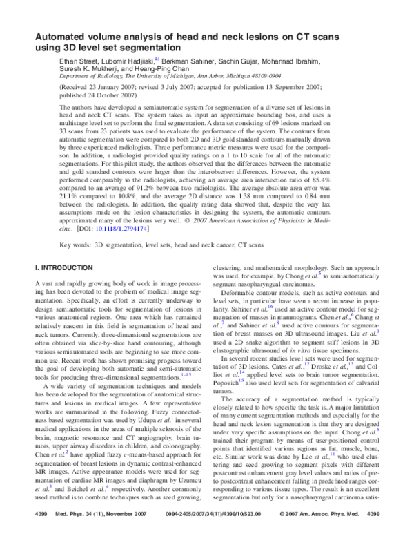(PDF) Automated volume analysis of head and neck lesions on CT scans using 3D level set segmentation