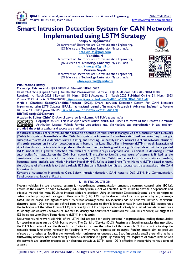 Pdf Smart Intrusion Detection System For Can Network Implemented Using Lstm Strategy