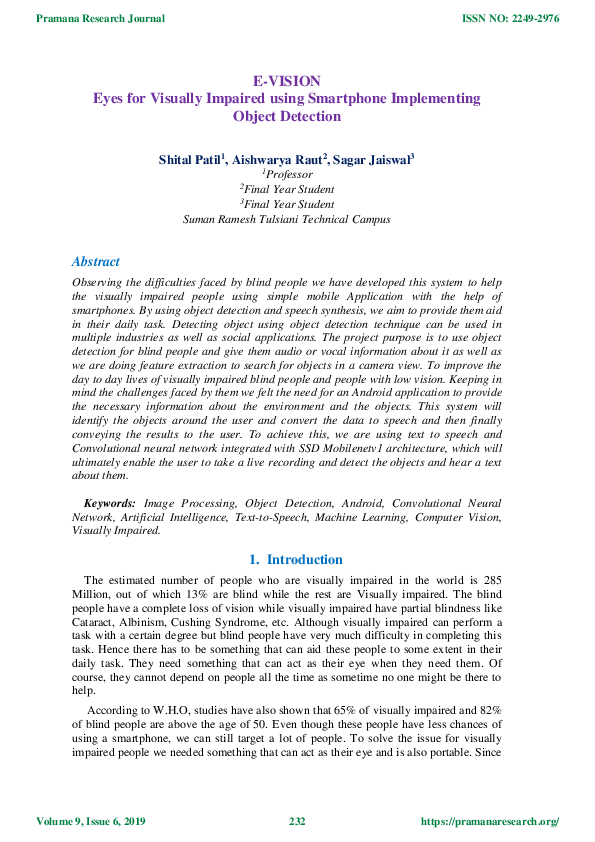 (PDF) E-VISION Eyes for Visually Impaired using Smartphone Implementing ...