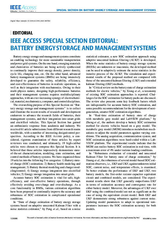 Pdf Ieee Access Special Section Editorial Battery Energy Storage And Management Systems