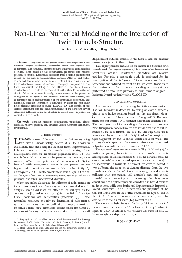 (PDF) Non-Linear Numerical Modeling Of The Interaction Of Twin Tunnels-Structure | Mirvat ...