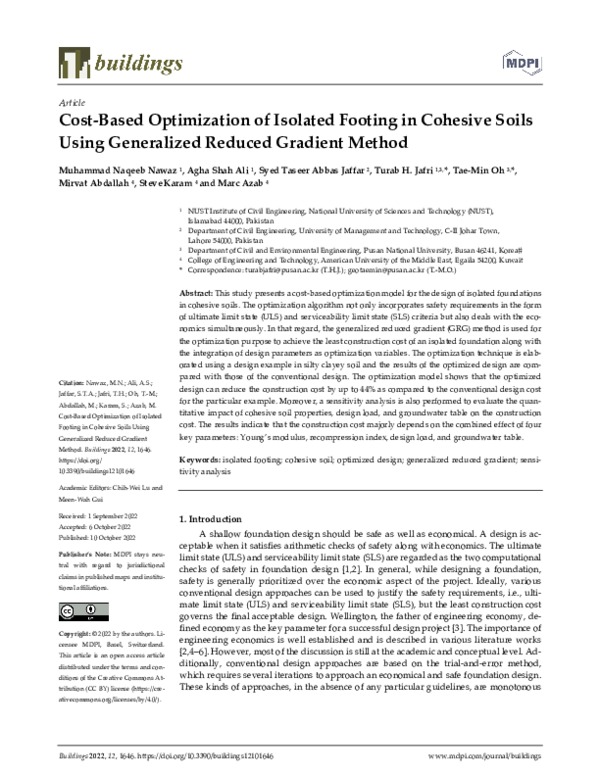 (PDF) Cost-Based Optimization of Isolated Footing in Cohesive Soils Using Generalized Reduced ...