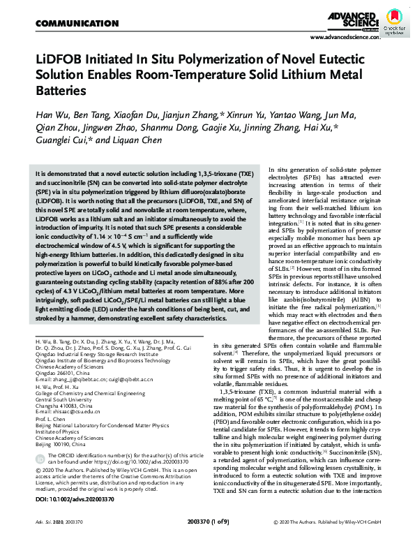 (PDF) LiDFOB Initiated In Situ Polymerization of Novel Eutectic Solution Enables Room ...