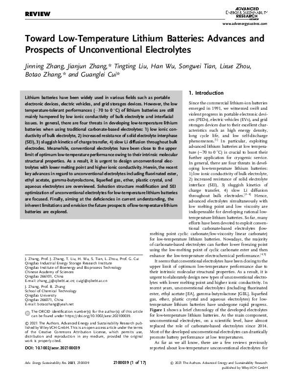 (PDF) Toward Low‐Temperature Lithium Batteries: Advances and Prospects of Unconventional ...