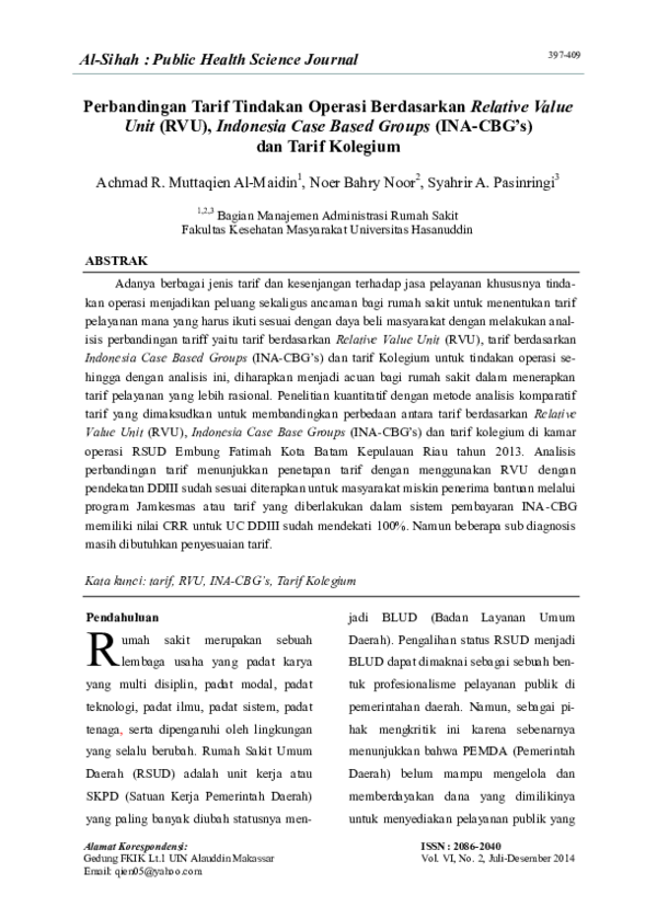 (PDF) Perbandingan Tarif Tindakan Operasi Berdasarkan Relative Value ...
