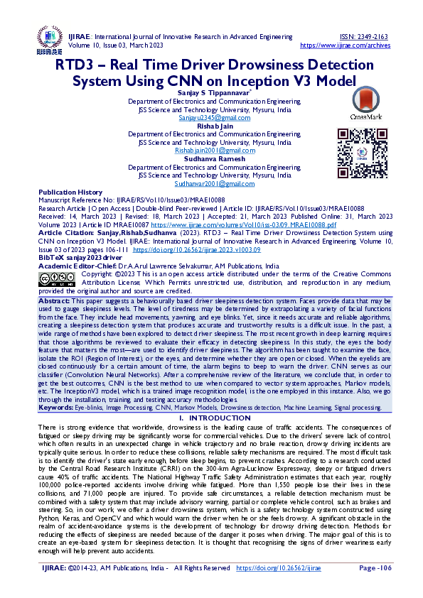 Pdf Rtd3 Real Time Driver Drowsiness Detection System Using Cnn On Inception V3 Model