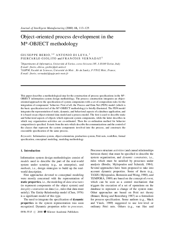Pdf Object Oriented Process Development In The M Object Methodology