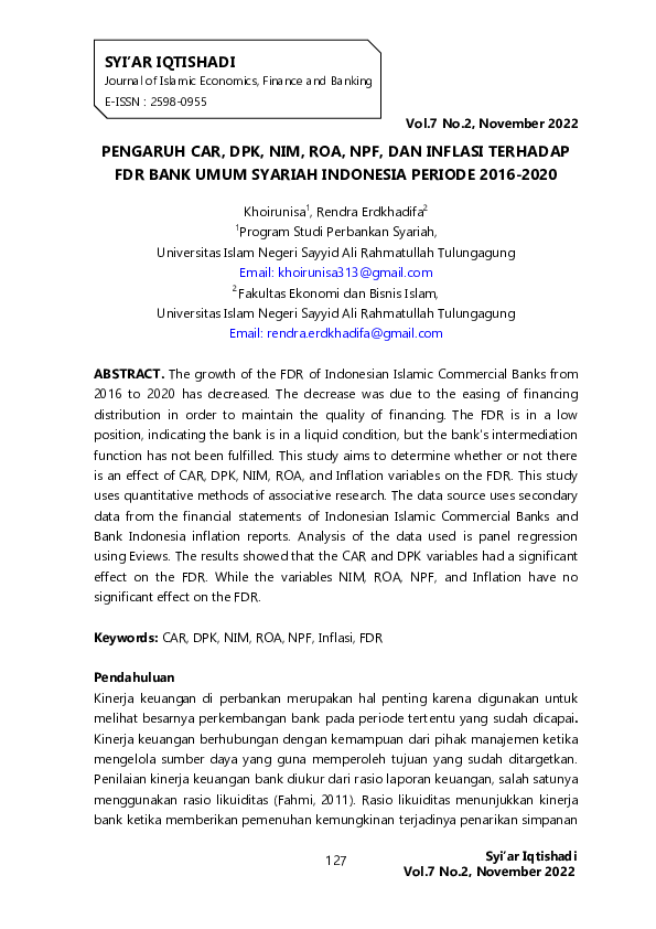 (PDF) Pengaruh CAR, DPK, NIM, ROA, NPF, dan Inflasi terhadap FDR Bank Umum Syariah Indonesia ...