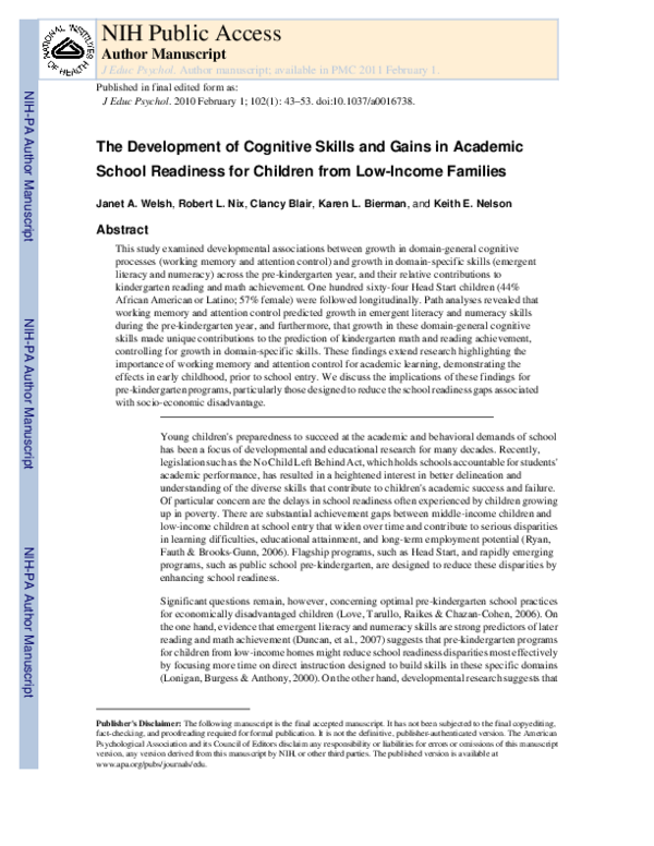 (PDF) The development of cognitive skills and gains in academic school ...