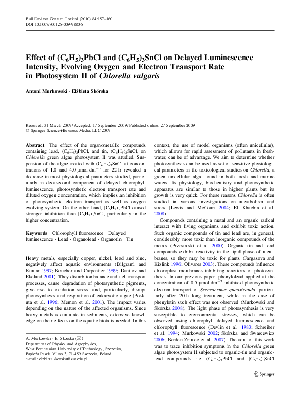 (PDF) Effect of (C6H5)3PbCl and (C6H5)3SnCl on Delayed Luminescence Intensity, Evolving Oxygen ...