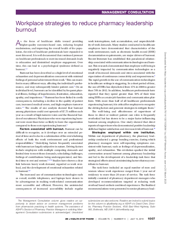 (PDF) Workplace strategies to reduce pharmacy leadership burnout