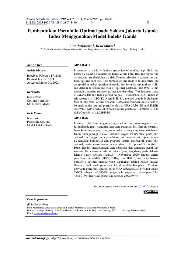 Pdf Pembentukan Portofolio Optimal Pada Saham Jakarta Islamic Index Menggunakan Model Indeks Ganda