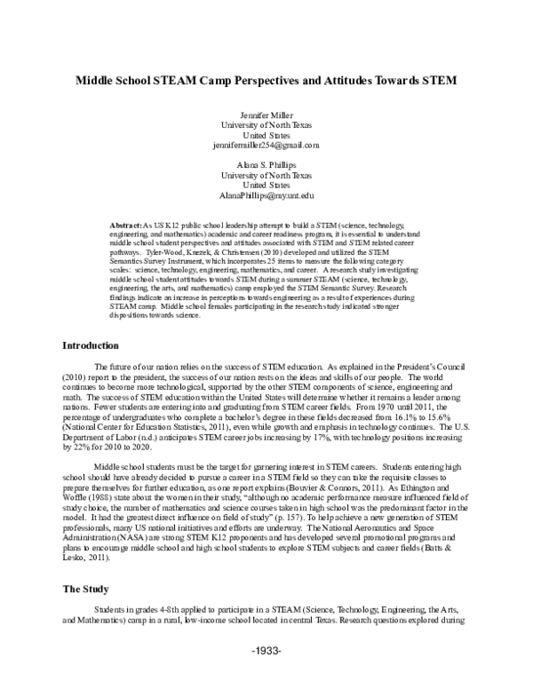 (PDF) Middle School STEAM Camp Perspectives and Attitudes Towards STEM