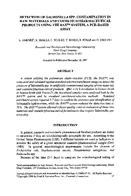 (PDF) Detection of Salmonella Spp. Contamination in Raw Materials and ...