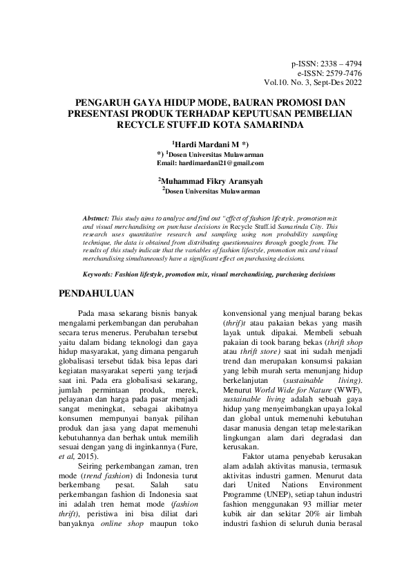 (PDF) Pengaruh Gaya Hidup Mode, Bauran Promosi Dan Presentasi Produk Terhadap Keputusan ...