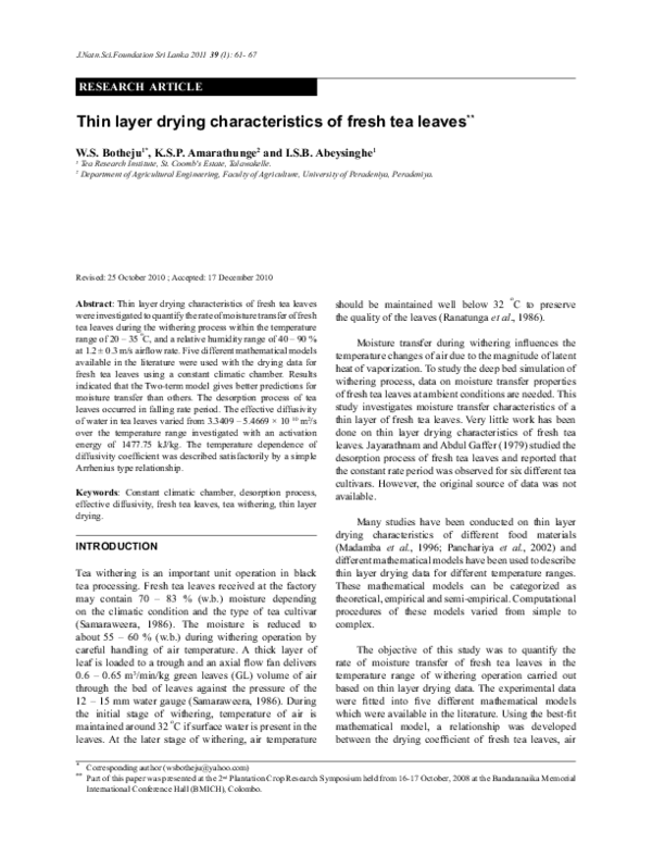 (PDF) Thin layer drying characteristics of fresh tea leaves