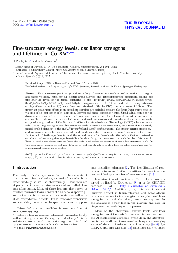 (PDF) Fine-structure energy levels, oscillator strengths and lifetimes ...
