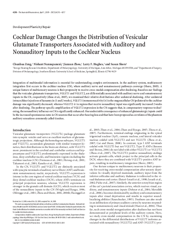 (PDF) Cochlear Damage Changes the Distribution of Vesicular Glutamate ...