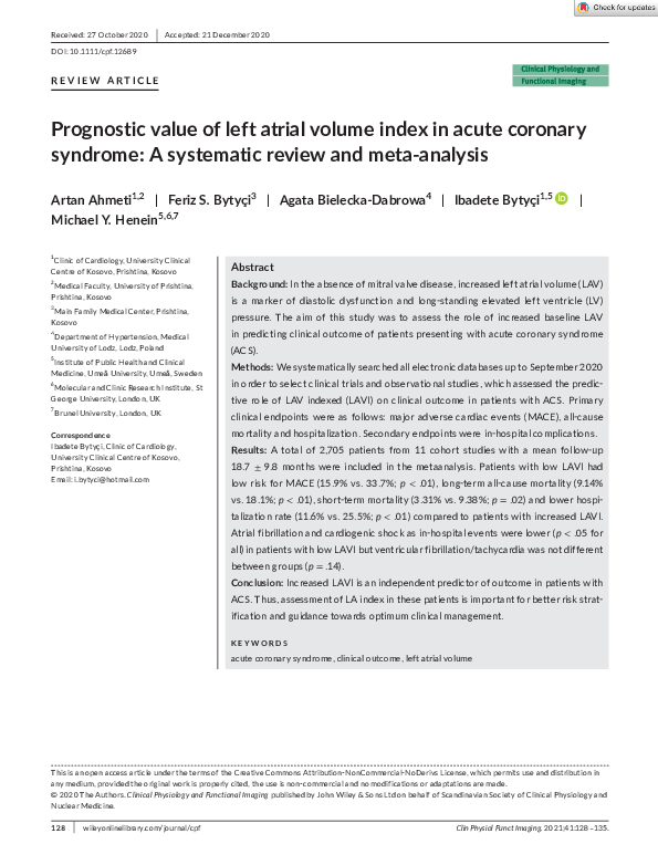 (PDF) Prognostic value of left atrial volume index in acute coronary syndrome: A systematic ...