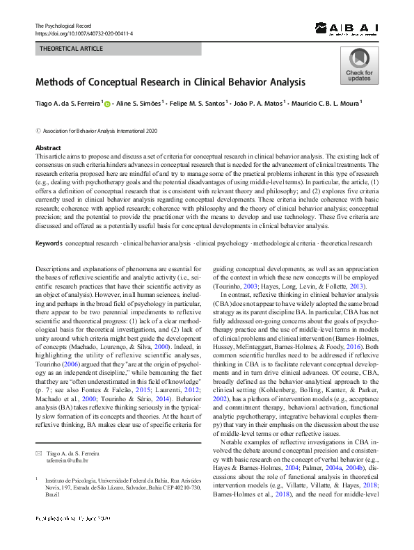 (PDF) Methods of Conceptual Research in Clinical Behavior Analysis